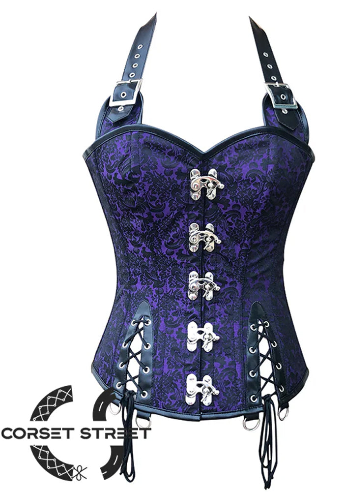 Black and Purple Brocade with Leather Strap Halter Neck Gothic Steampu ...